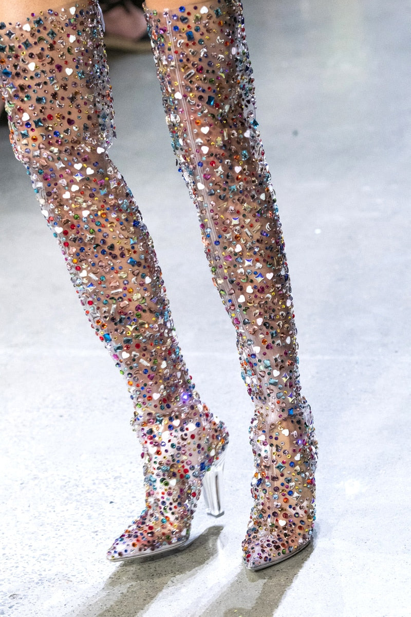 Luxury Clear Colorful Rhinestone Studded Thigh High Boots – LiveTrendsX