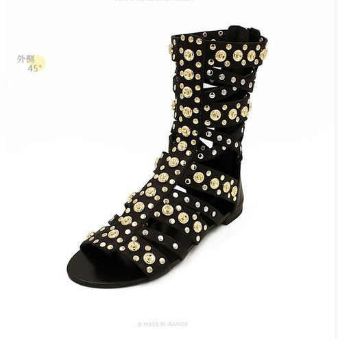 Summer Rivet Boots Open Toe Hollow Real Leather Rivet Sandals Square H ...