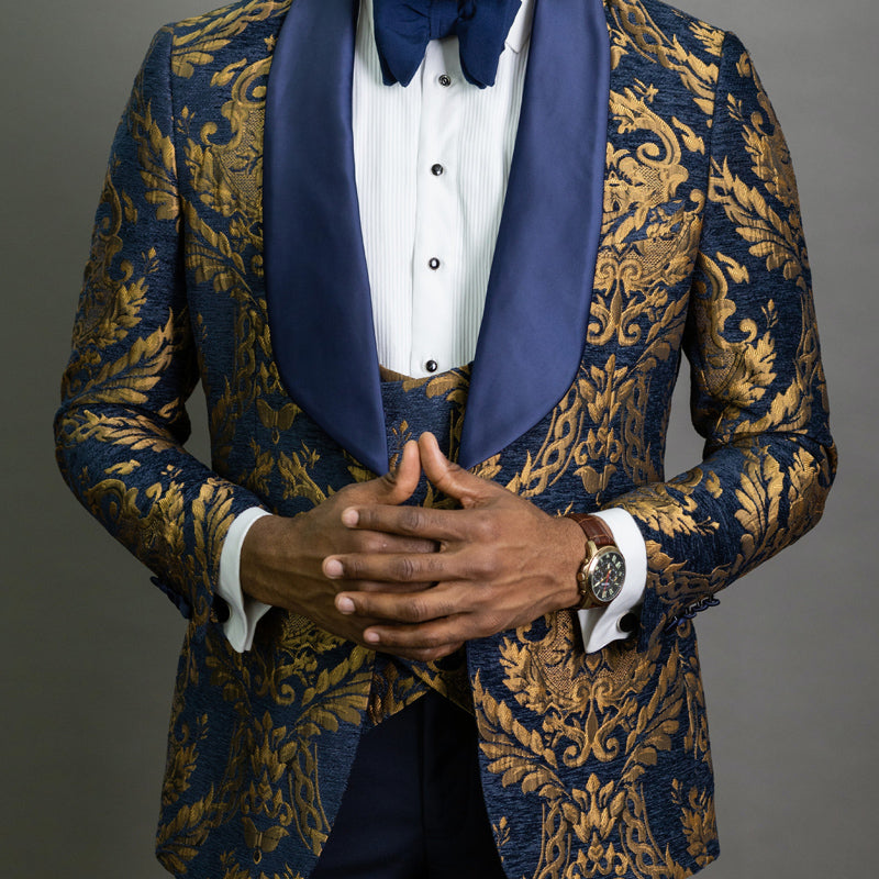 Navy Blue Floral Jacquard Prom Men Suits for Wedding – LiveTrendsX